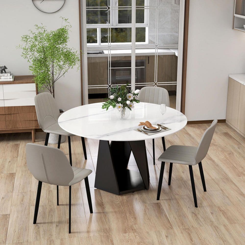 Magic Home 53 in. White Round Sintered Stone Tabletop Black Pedestal ...