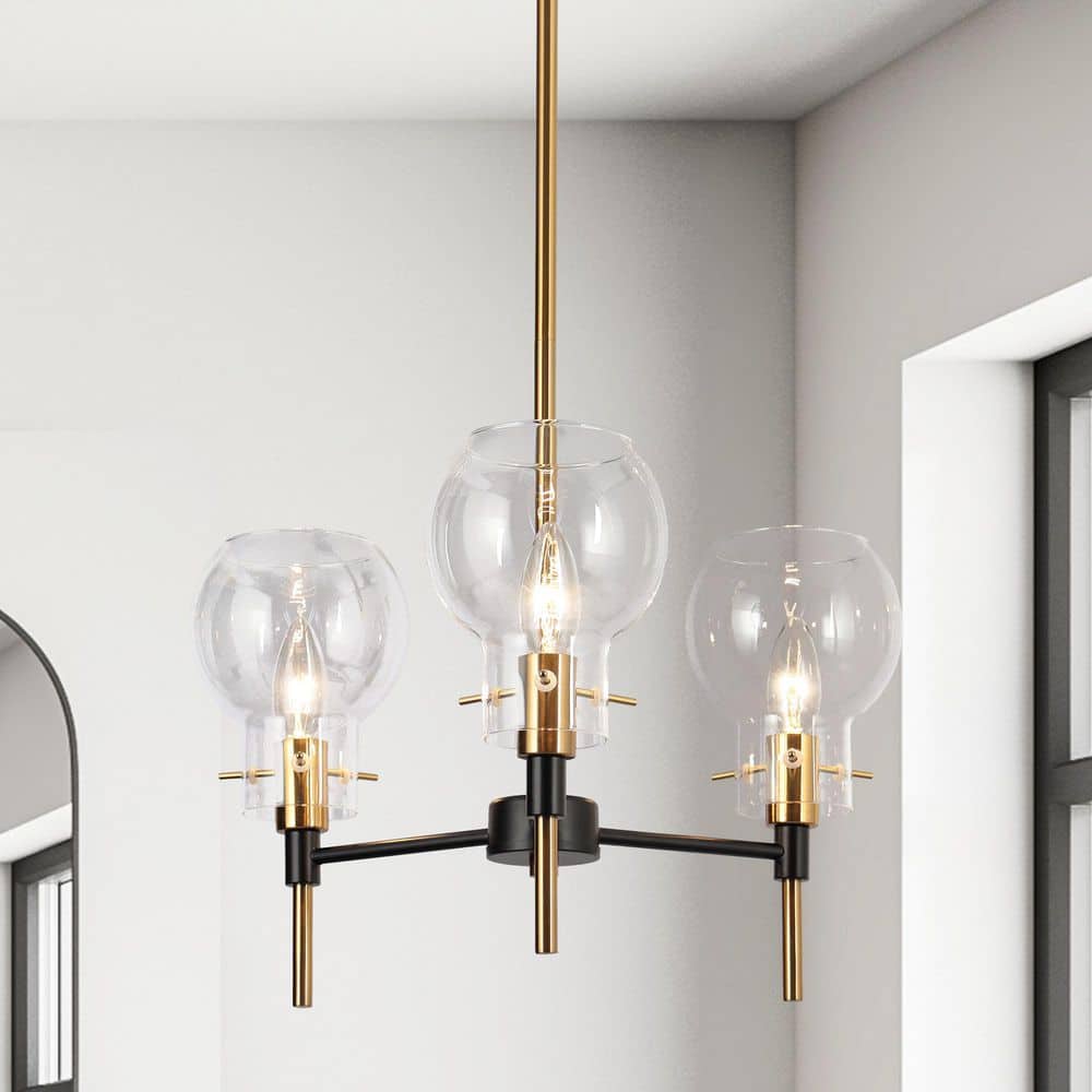 Zevni Modern Farmhouse Chandelier, 3-Light Globe Clear Glass Hanging ...
