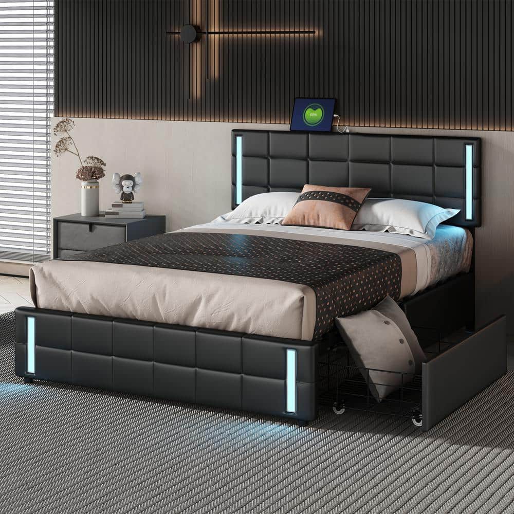 URTR Black Wood Frame Queen Size Upholstered Platform Bed with LED ...