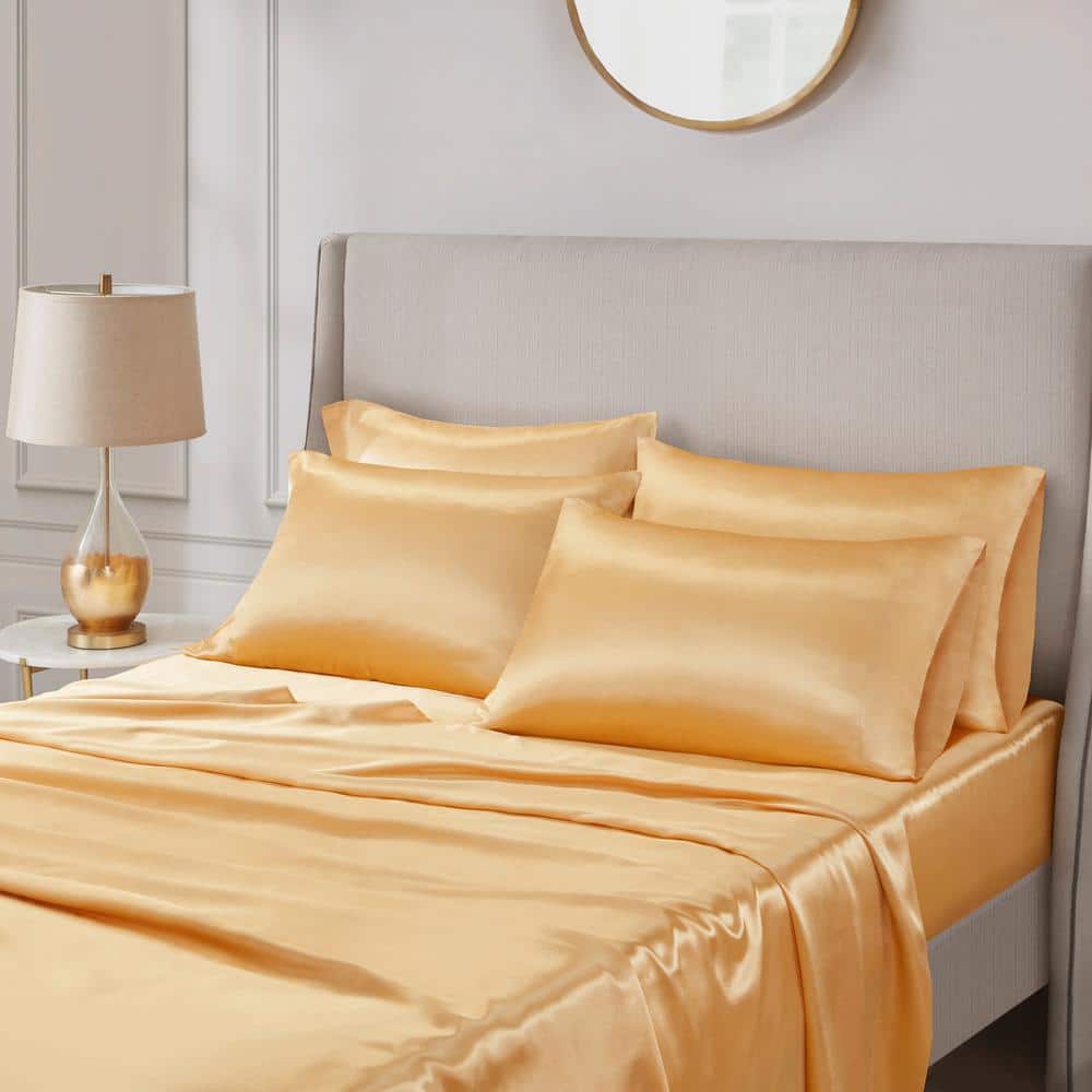 Madison Park Satin 6-Piece Gold Solid Polyester Full Luxury Sheet Set ...