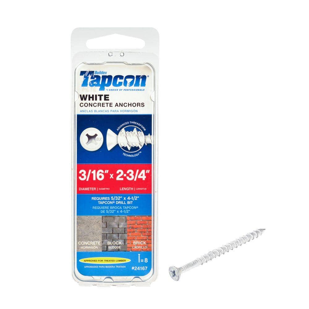 Tapcon 3/16 in. x 2-3/4 in. White Ultrashield Phillips Flat-Head Concrete Anchors (8-Pack) 24167 ...