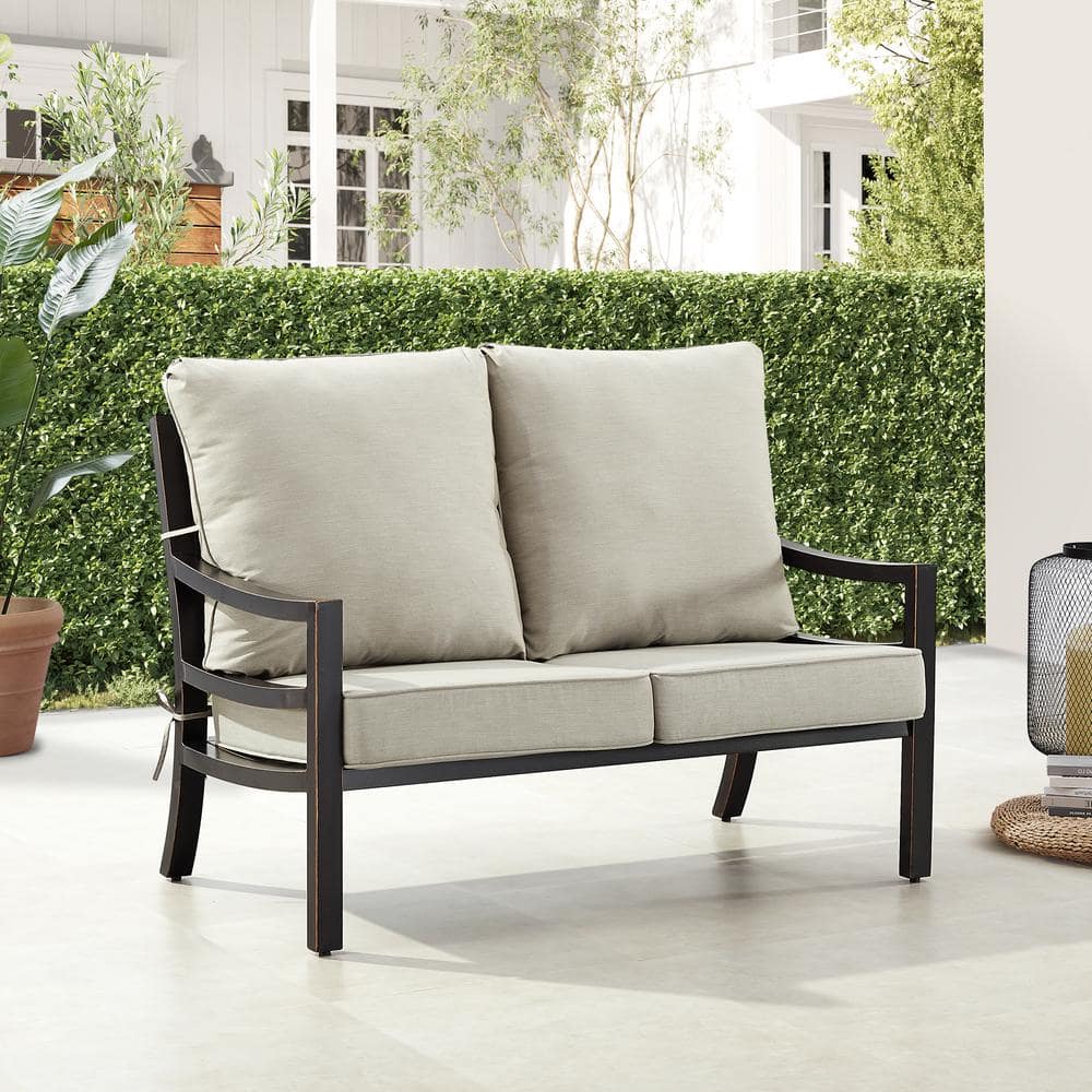 Oakland Living Black 1-Piece Aluminum Outdoor Loveseat with Light Grey ...