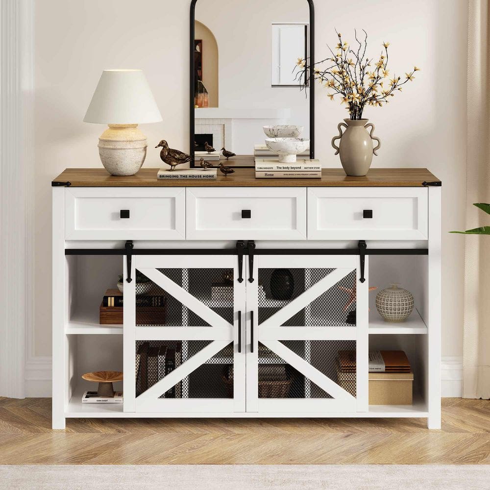 Polibi White Particle Board Wood Buffet with 3 Drawers, Adjustable ...