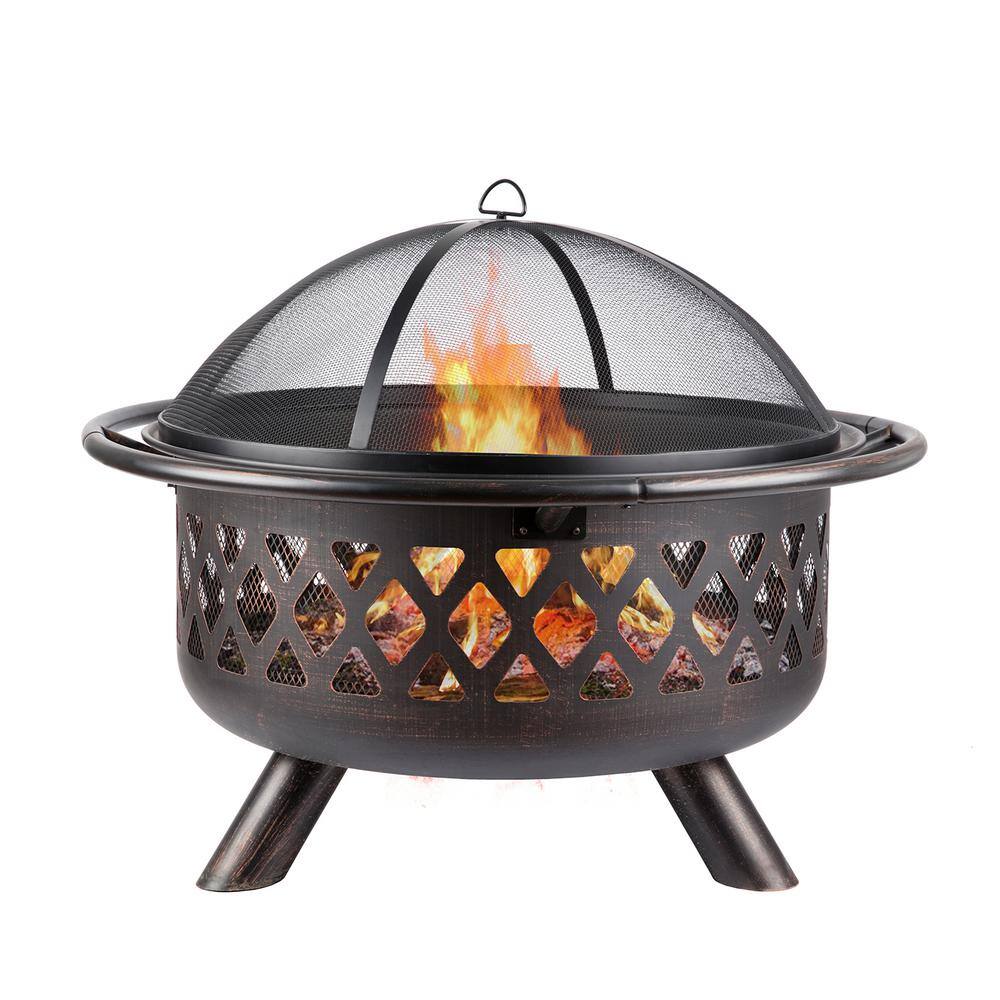Afoxsos 35.8 in. W x 28 in. H Black Iron Outdoor Round Fire Pit HDMX808 ...