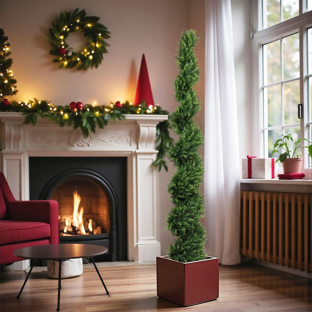 6 ft.H Artificial Spiral Shaped potted cedar Tree, for Indoor Outdoor ...