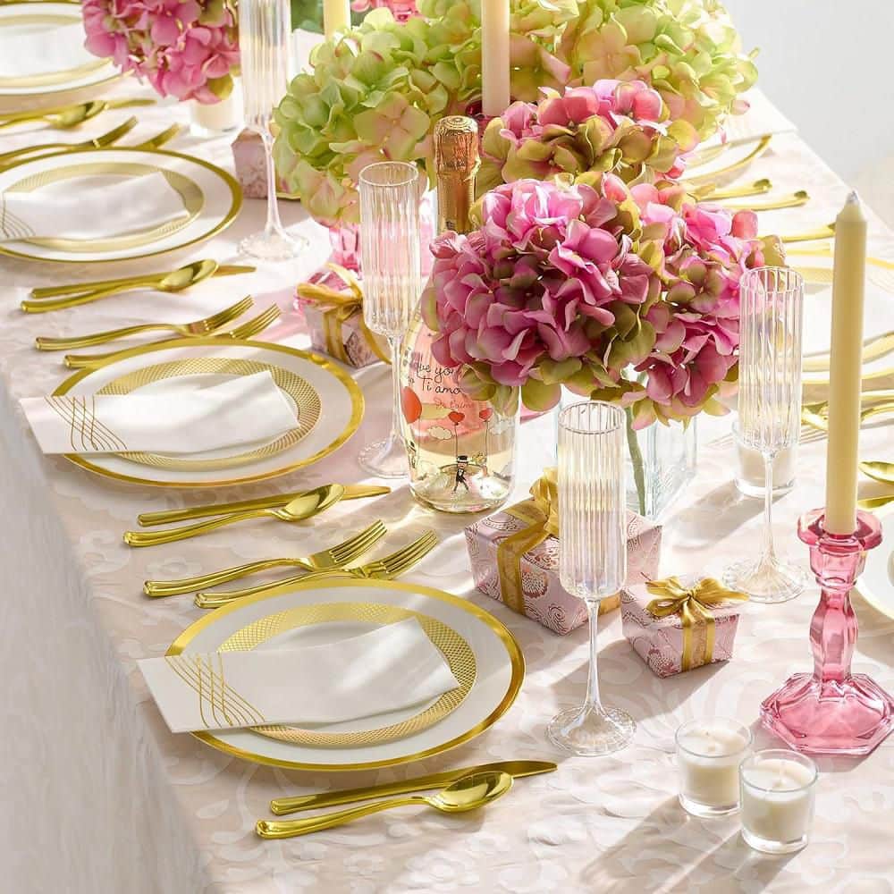 Anqtovp 175-Pieces Fancy Plastic Dinnerware Sets White and Gold ...