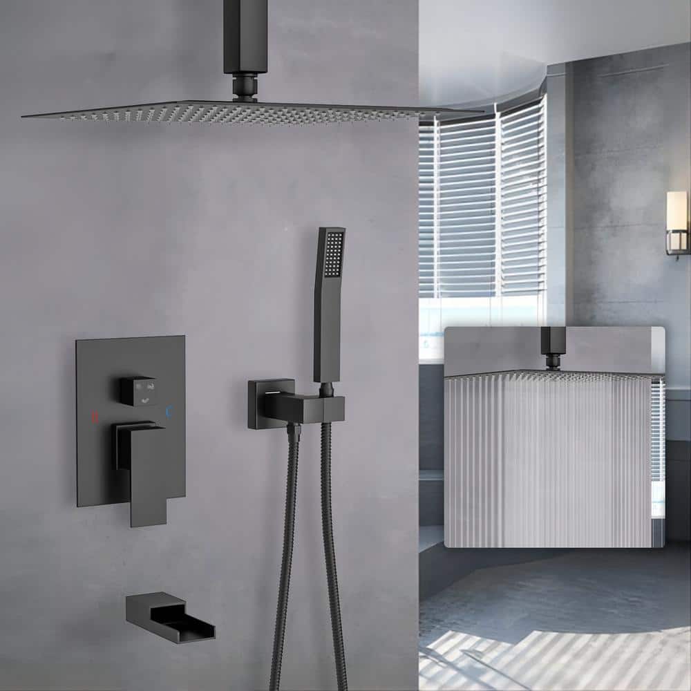 UPIKER 3-Spray Square 12 in. Shower System with Waterfall Tub Spout 1.8 ...