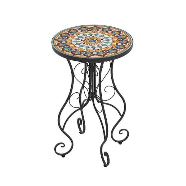 Colorful Ceramic Tile Top Outdoor Side Table with Black Iron Frame ...