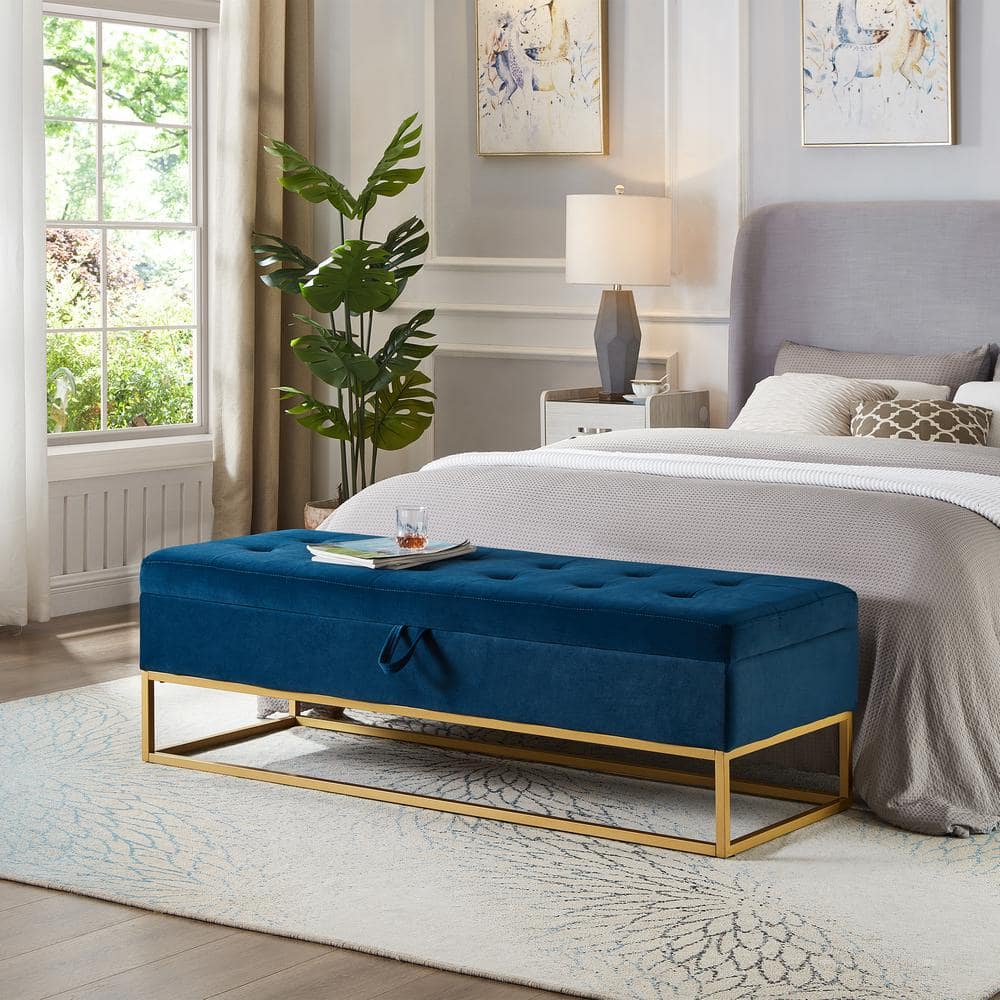Harper & Bright Designs Navy Blue 58.6 in. Metal Base Bedroom Bench ...