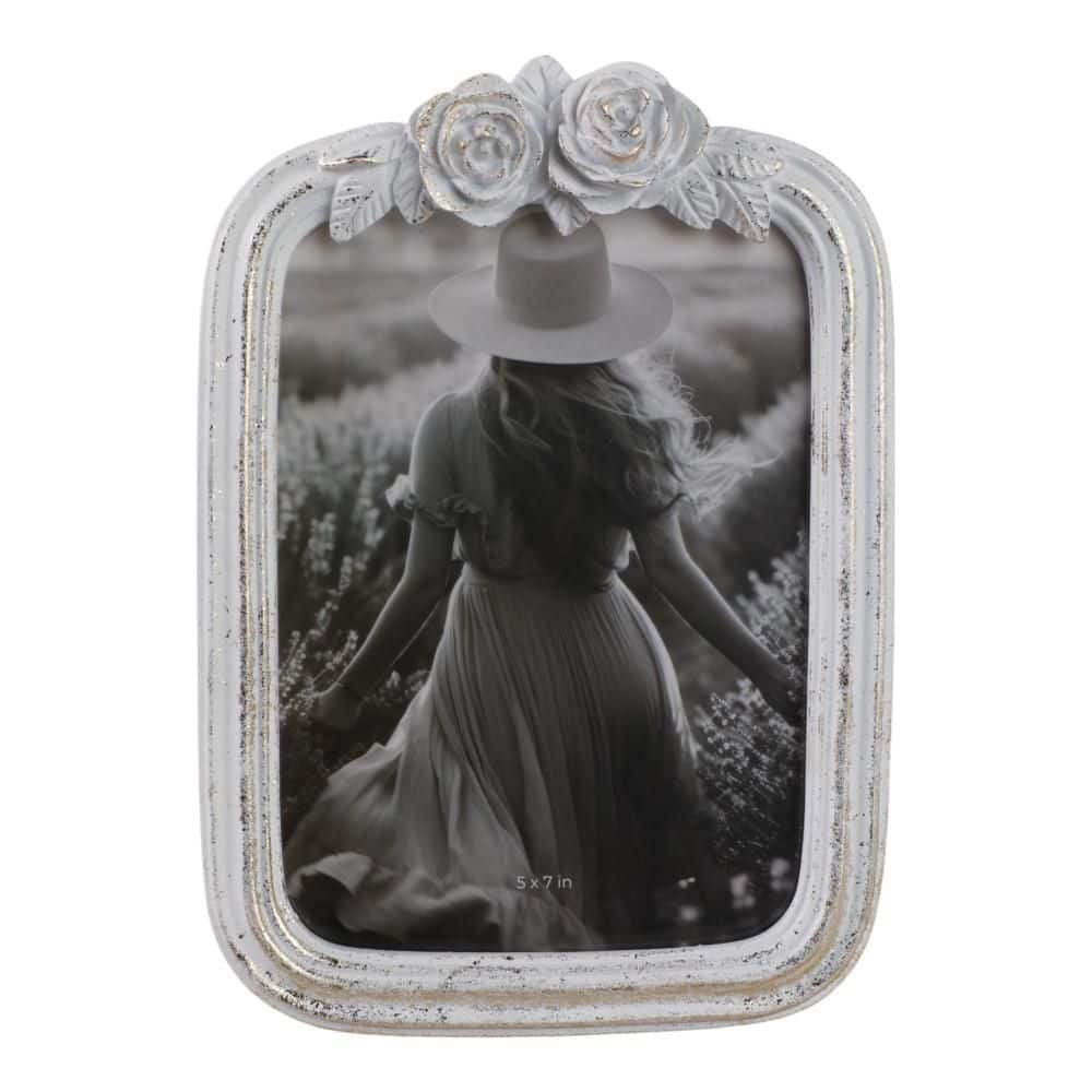 Liv & Skye 5 in. x 7 in. White Resin Rose Applique Antiqued Photo Frame ...