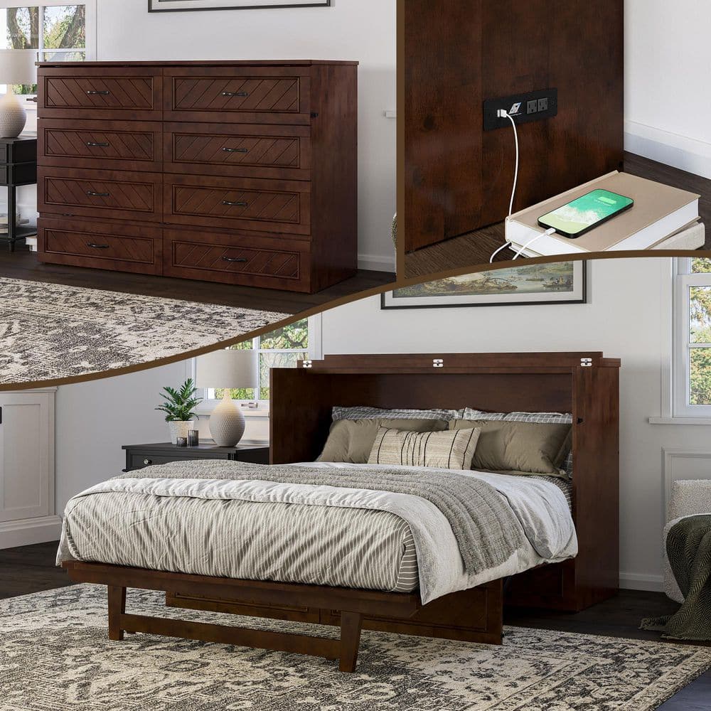 AFI Alpine Walnut Brown Wood Frame Queen Murphy Bed Chest with Mattress ...