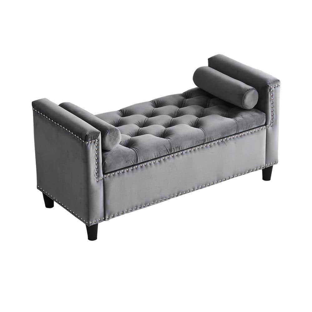 CSC DECOR INC Gray Velvet Dining Bench 44.5 in. Button Bedside Storage ...