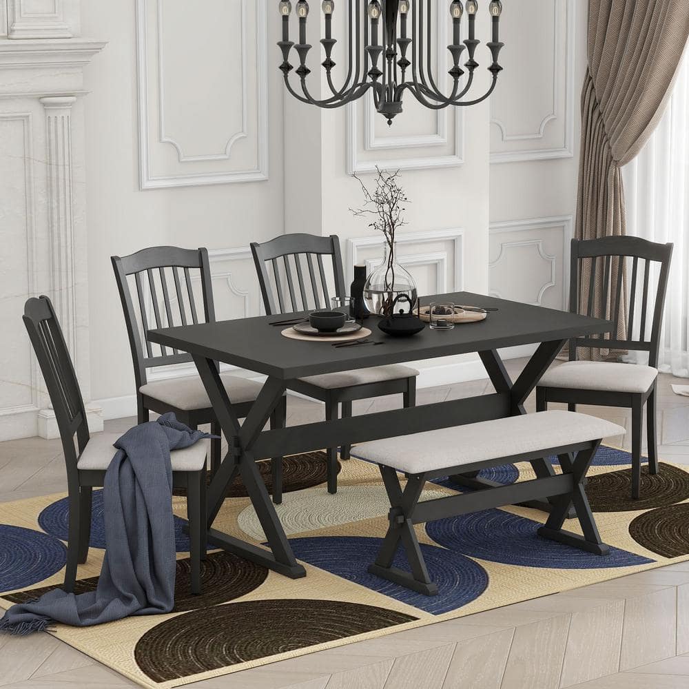 Harper & Bright Designs 6-Pcs Gray Rustic Rectangle Wood Dining Set ...