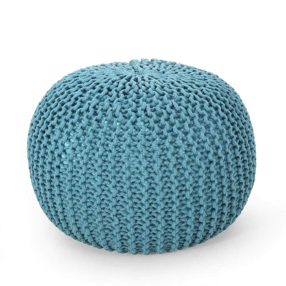 Noble House Moloney Aqua Cotton Knitted Round Pouf 104628 - The Home Depot