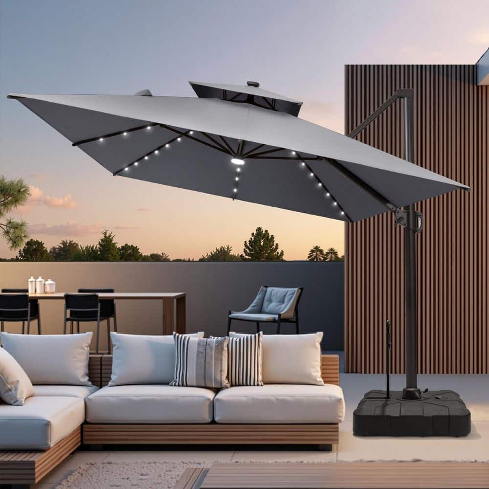 CLOUDFLY 11 ft. x 9 ft. Solar LED Cantilever Umbrella and HDPE Base ...