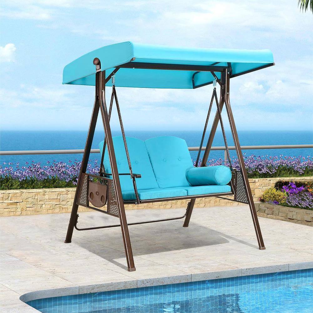 PURPLE LEAF 2-Person Steel Metal Patio Swing with Foldable Side Table ...