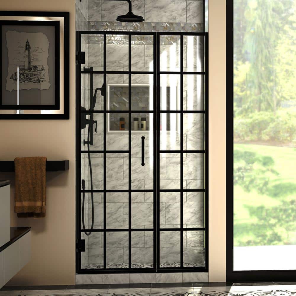 DreamLine Unidoor Toulon 40-40 1/2 in. W x 72 in. H Frameless Hinged Shower Door in Matte Black ...