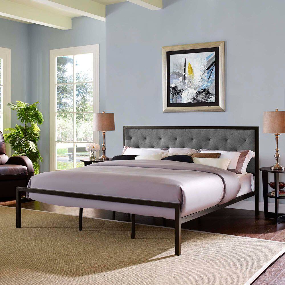 MODWAY Mia Brown Gray Metal Frame King Platform Bed with Upholstered ...