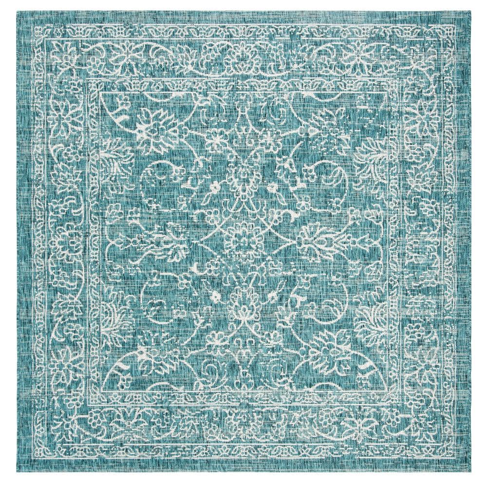 SAFAVIEH Courtyard Turquoise 9 ft. x 9 ft. Border Floral Scroll Indoor ...