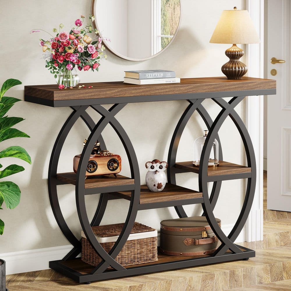 BYBLIGHT Turrella 39.4 in. Rustic Brown Rectangle Wood Console Table ...