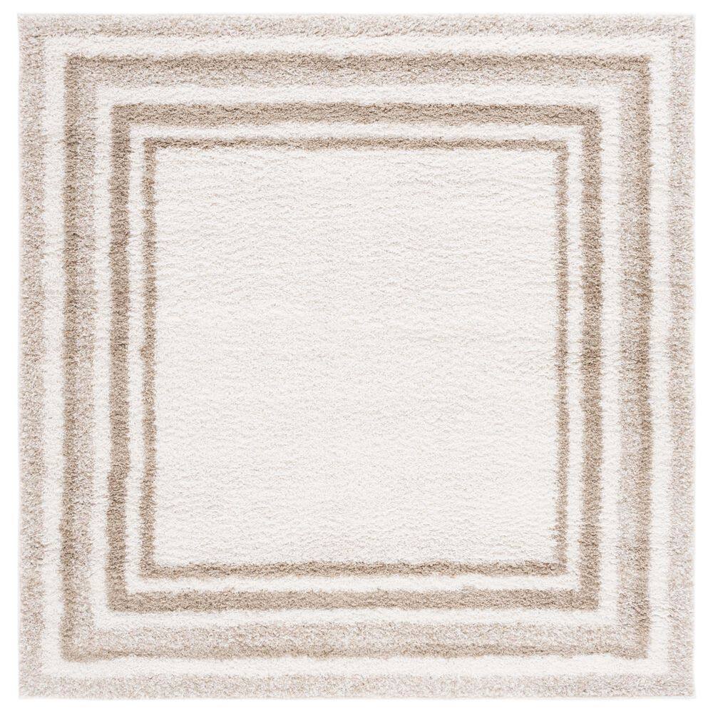 SAFAVIEH Border and Stripe Shag 7 ft. x 7 ft. Ivory/Beige Concentric ...