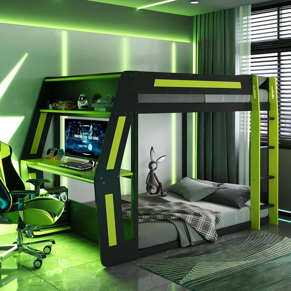 Harper & Bright Designs Gaming Style Green Full Wood Bunk Bed with RGB ...