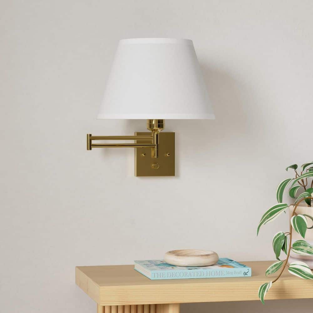 2 Bulbs Light Brushed Brass Plug-In Swing Arm Wall Lamp with White ...