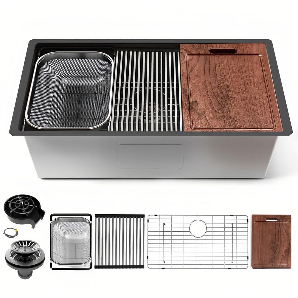 iBath 32 in. Undermount Single Bowl 16 Gauge Gunmetal Black Stainless Steel Kitchen Workstation ...