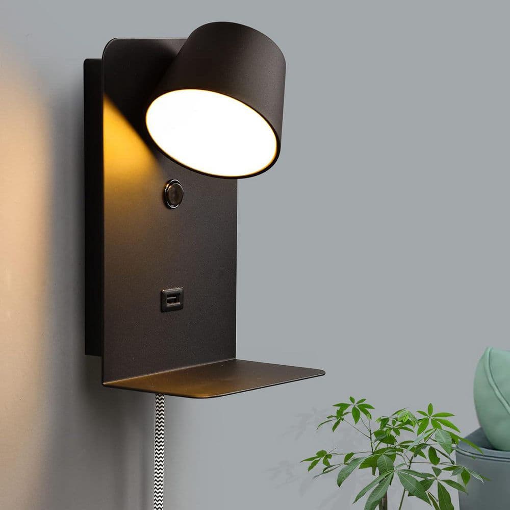 SUNLLOK Industrial 5.5 in. 1-Light Black LED Plug in Wall Sconces with ...
