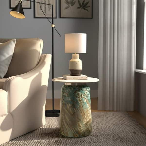 Liv & Skye 18 in. Green Round Marble Short Art Top Elegant End Table ...