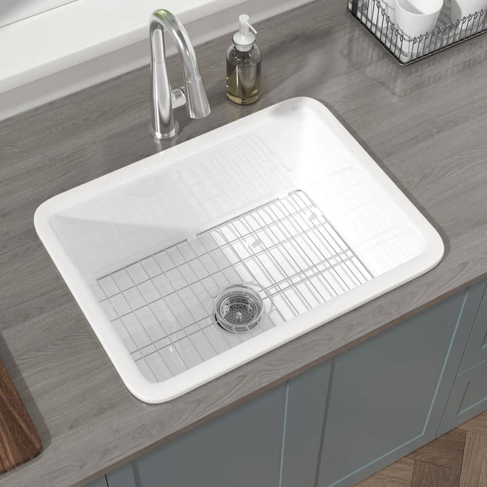 HOMLYLINK White Fireclay Kitchen Sink 24 in. Drop-in/Undermount Dual ...