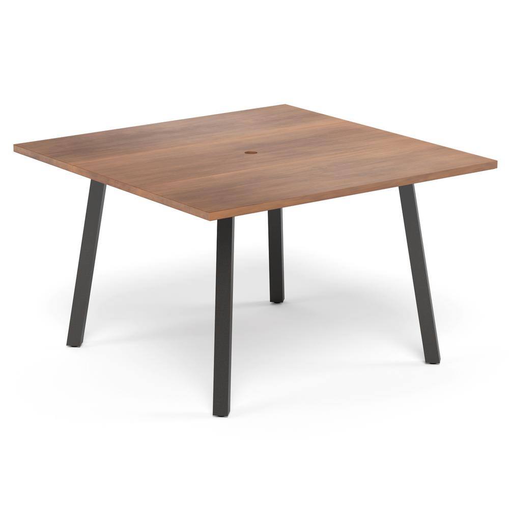 PHI VILLA Wood-Look Black Square Metal Patio Dining Table with Umbrella ...