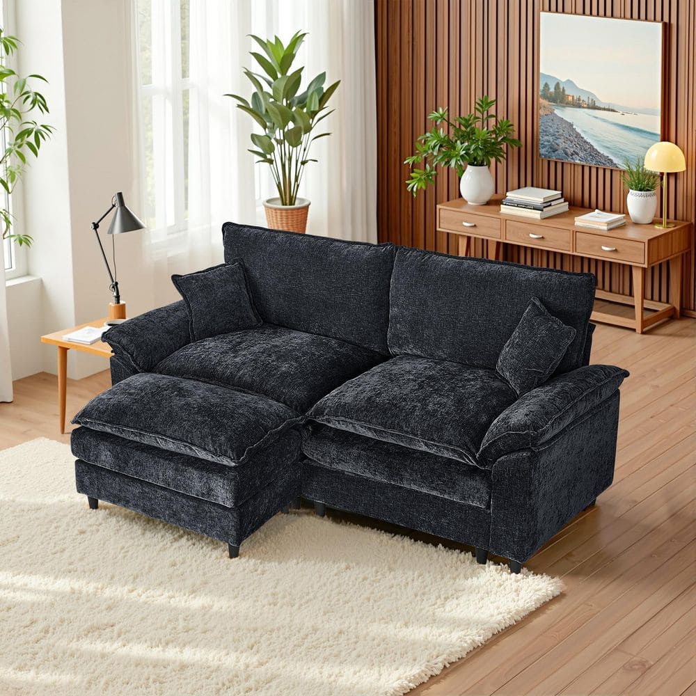 WONDER COMFORT Comfy 82.68 in. Pillowed Armrest Chenille 2 Seat Loveseat with Ottoman and ...