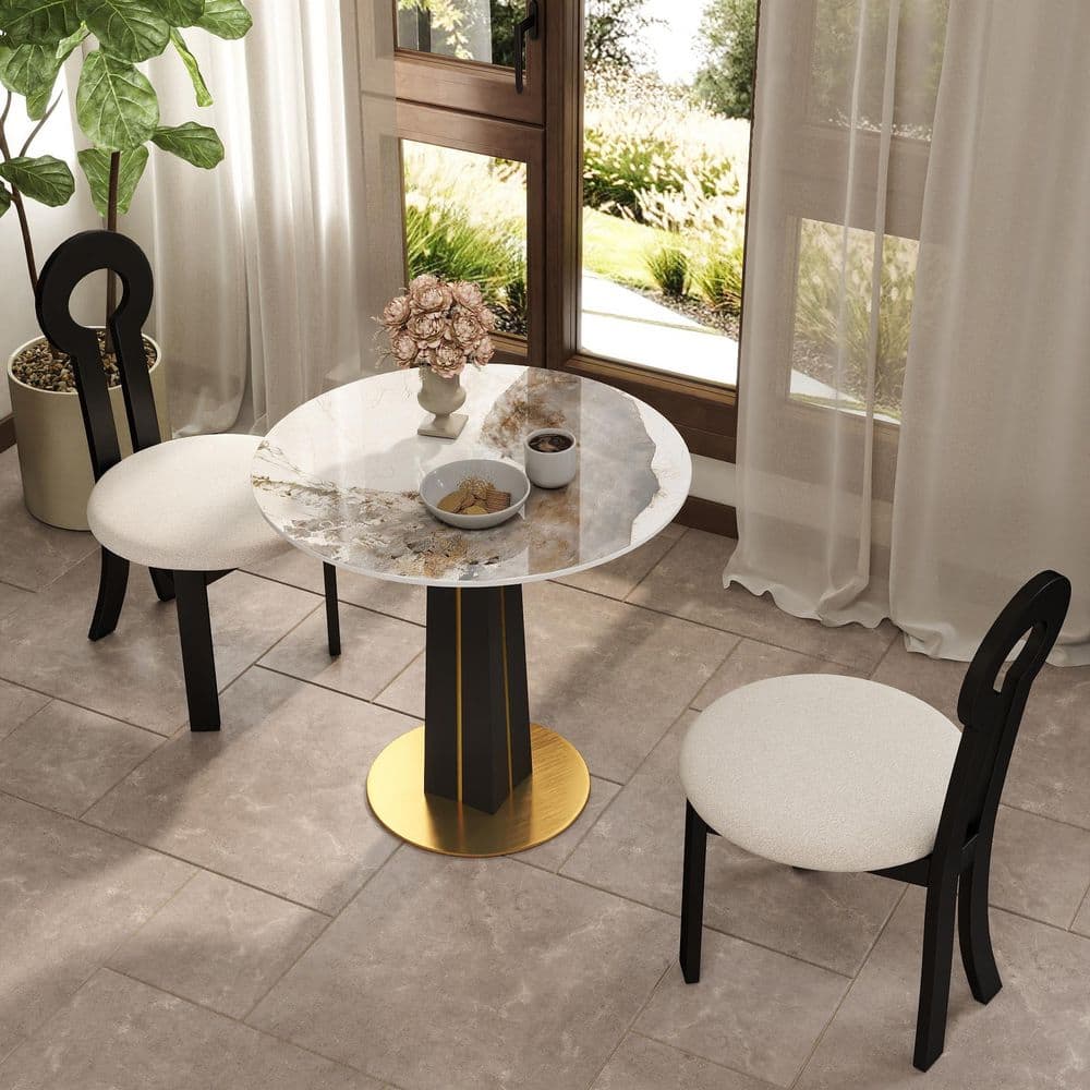 Magic Home 33 in. Modern Round Pandora Sintered Stone Tabletop Dining Table with Solid Wood ...