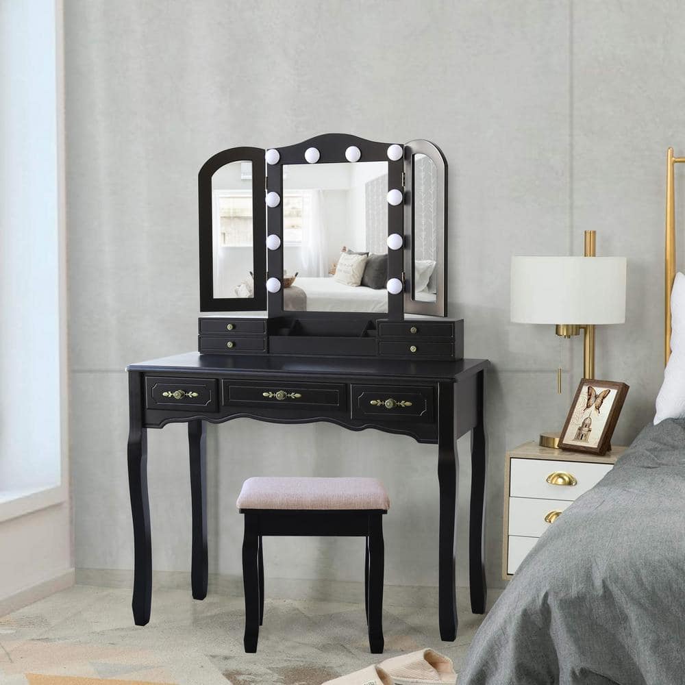 VEIKOUS Modern Wooden Black Bedroom Makeup Vanity Sets with Stool and ...