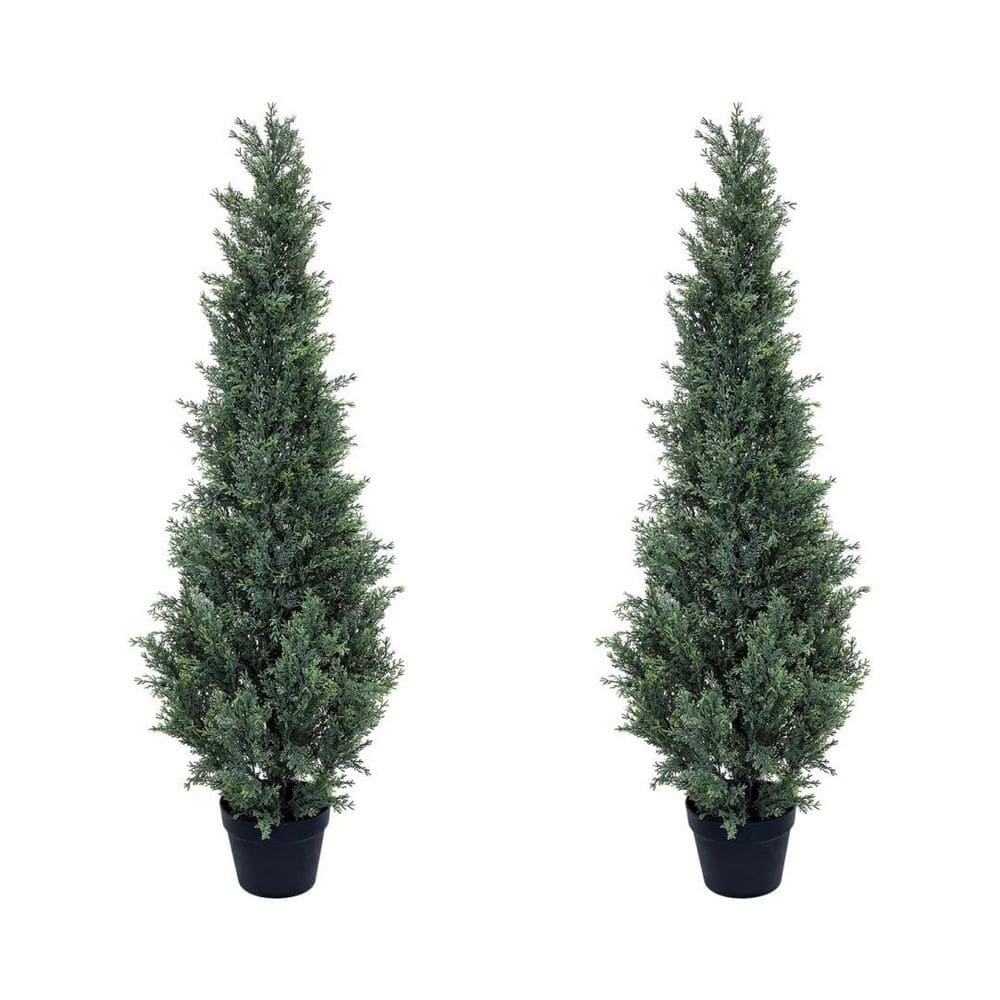5 ft. 2-Piece Artificial Cedar Topiary Trees for Outdoors, Potted Fake ...