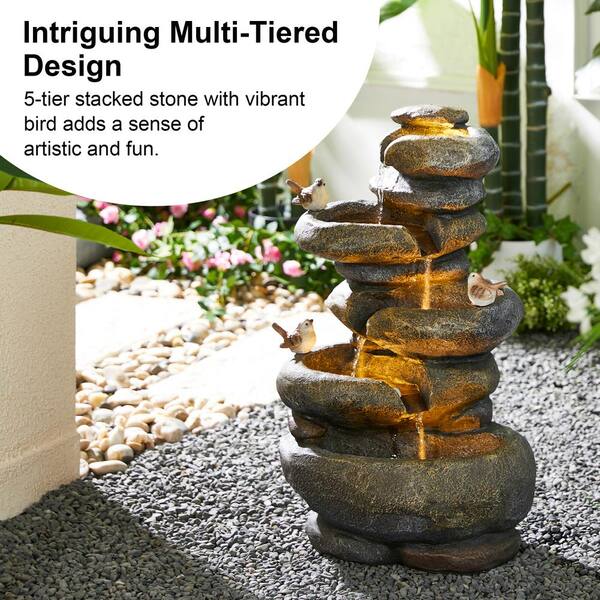 Glitzhome 23 in. H Outdoor Natural 5-Tiered Stacked Stone Polyresin ...