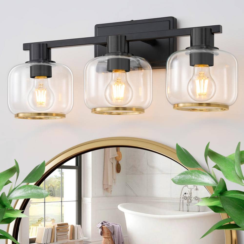 Deyidn 22.4 in. 3-Light Black Vanity Light with Glass Shade with Metal ...