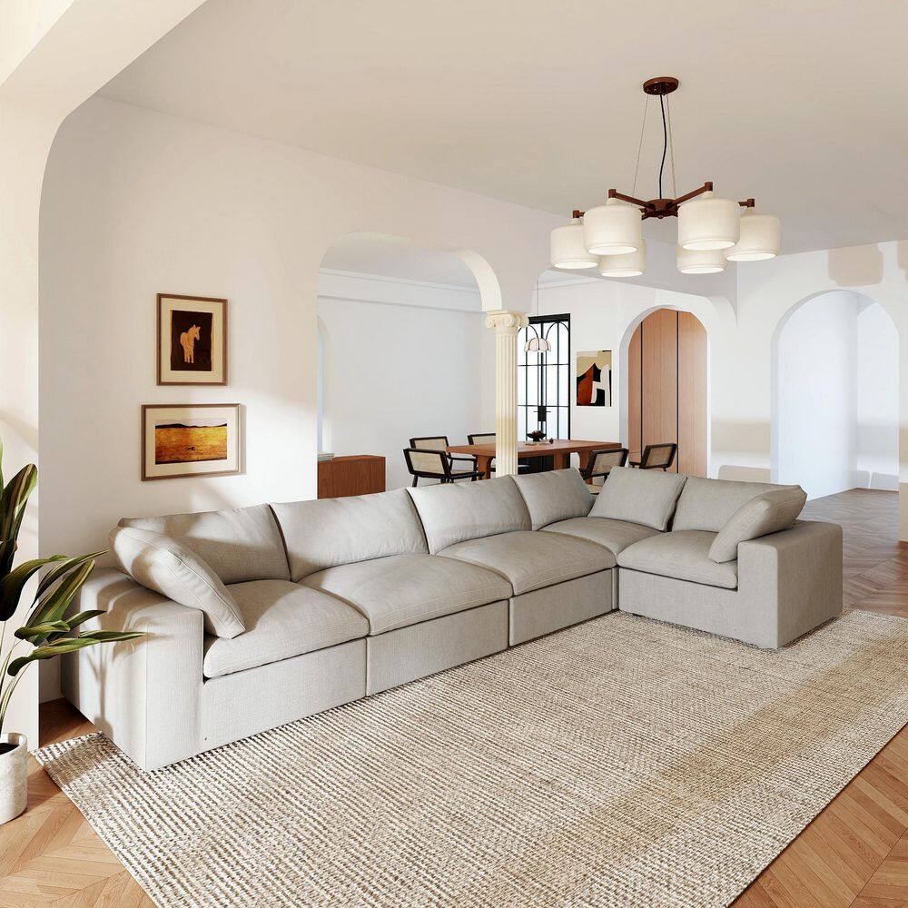 Magic Home Pine Wood Deep Seat 118 in. Square Arm Linen 5-Piece Down Filled Cloud Modular ...