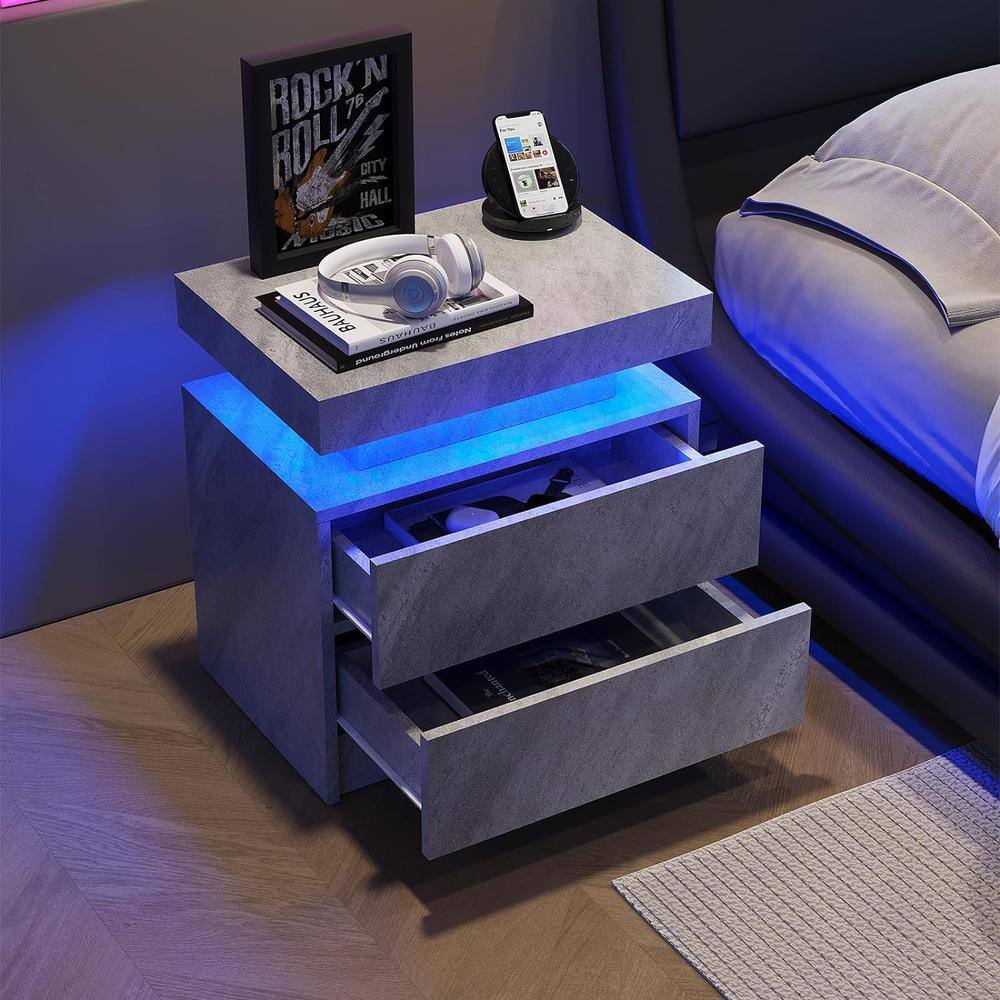 Qualler Deep Gray 2 Drawers 19.3 in. W Nightstand with LED FSUNCH065D ...