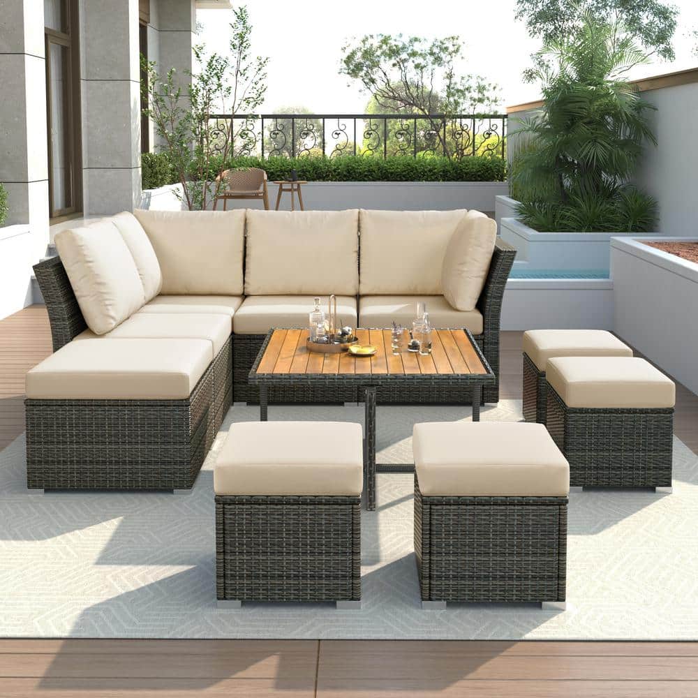 10-Piece Grey Wicker Patio Conversation Set with Beige Cushions ...