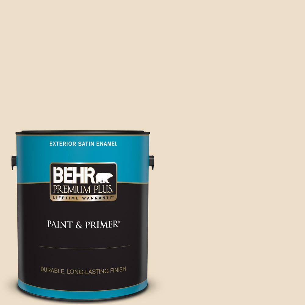 BEHR PREMIUM PLUS 1 gal. #710C-2 Raffia Cream Satin Enamel Exterior ...