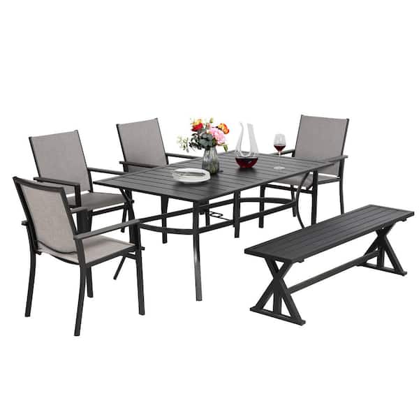 MEOOEM 6-Piece Metal Outdoor Dining Set with Bench, includes 4 ...