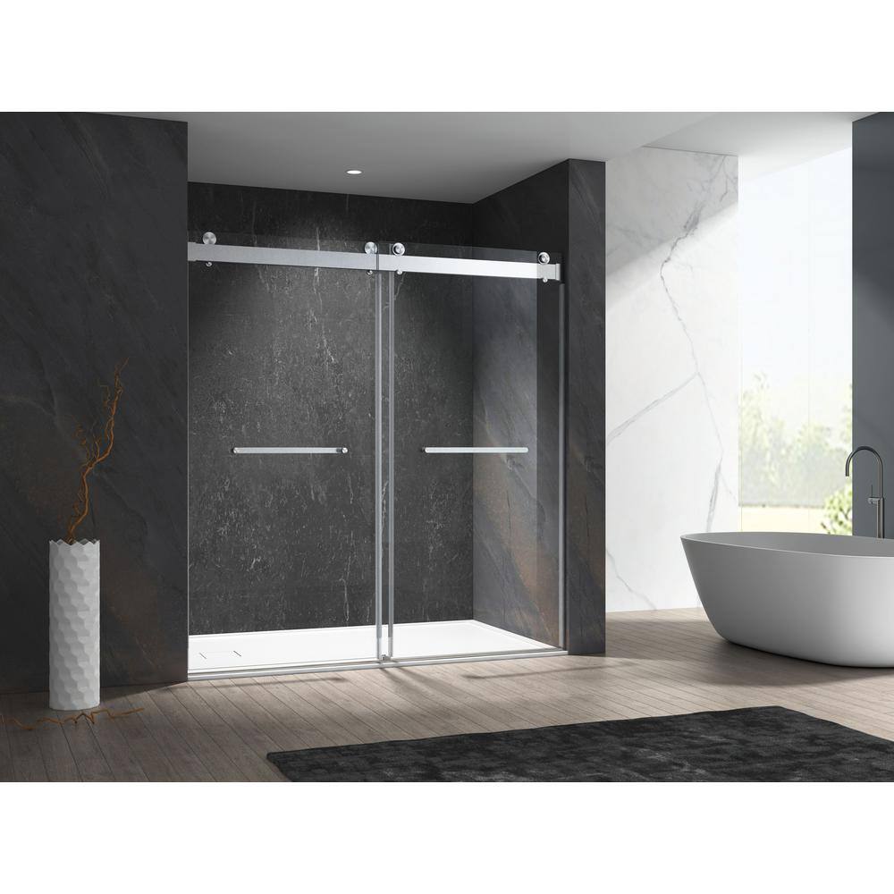 MCOCOD 48 in. W x 76 in. H Double Sliding Frameless Shower Door in Brushed Nickel with Soft ...