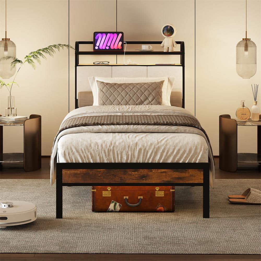 HONEY JOY Rustic Brown Bed Frame Twin Size Platform Bed w/ Charging Station Metal Platform Bed w ...
