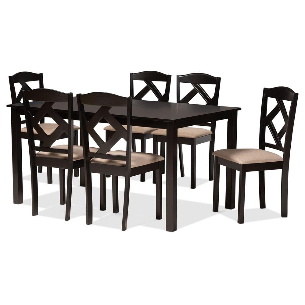 Baxton Studio Ruth 7-Piece Wood Top Sand and Dark Brown Dining Set ...