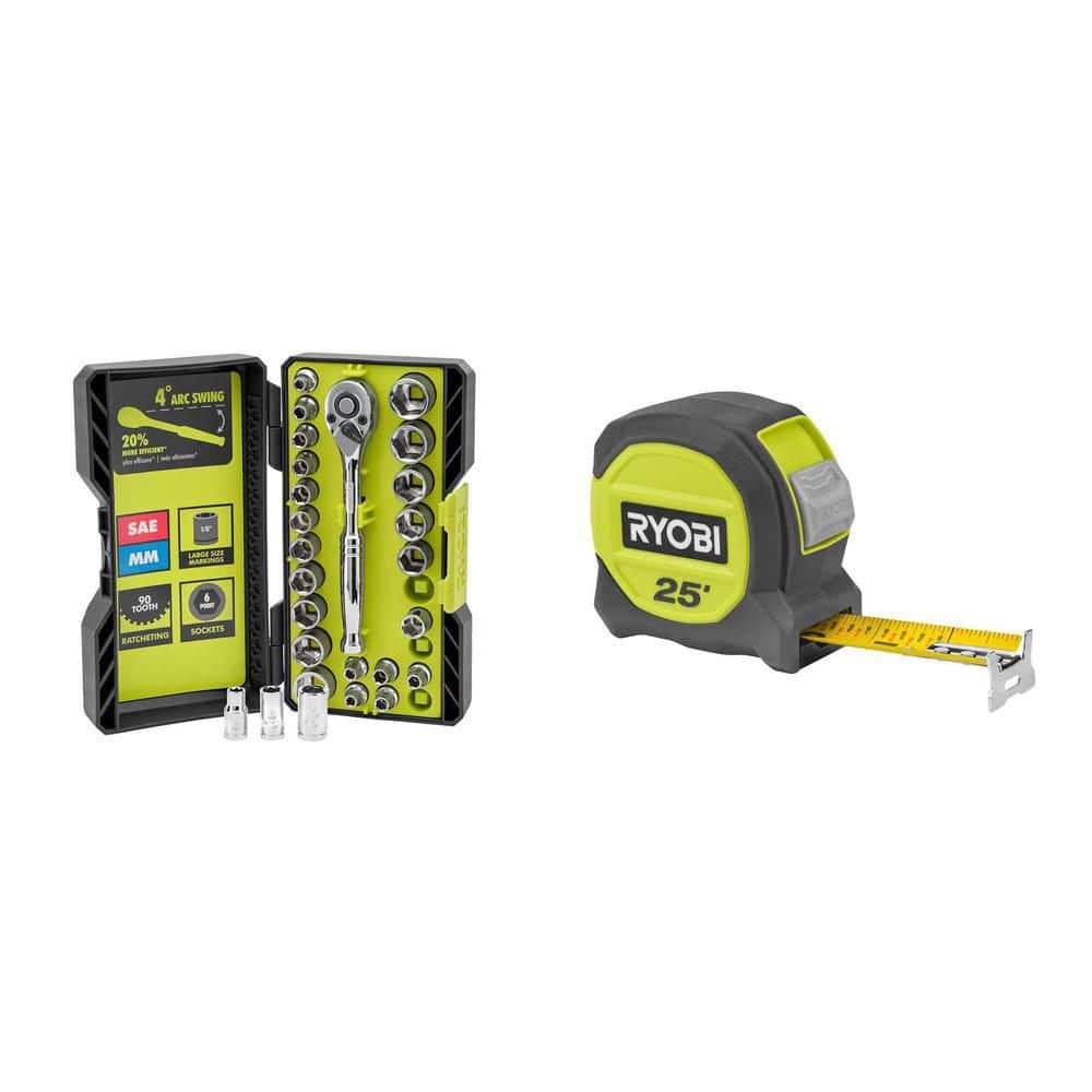 RYOBI 26-Piece 1/4 in. Drive Ratchet and Socket Set with 25 Ft. Compact ...