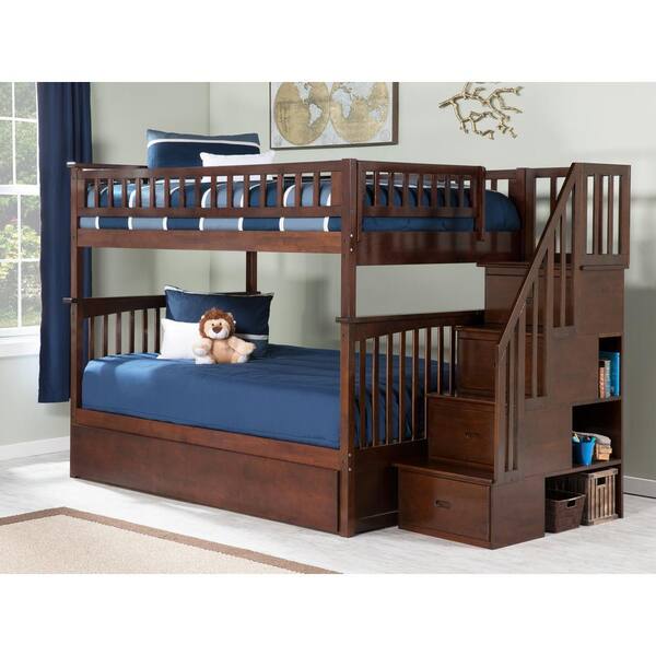 Full Over Full Columbia Staircase Bunk Bed with Full Size Trundle in Walnut