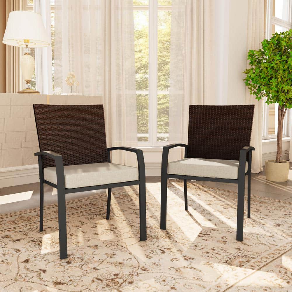 Gardenbee Outdoor Rattan Metal Stylish Bistro Dining Chairs with Beige ...