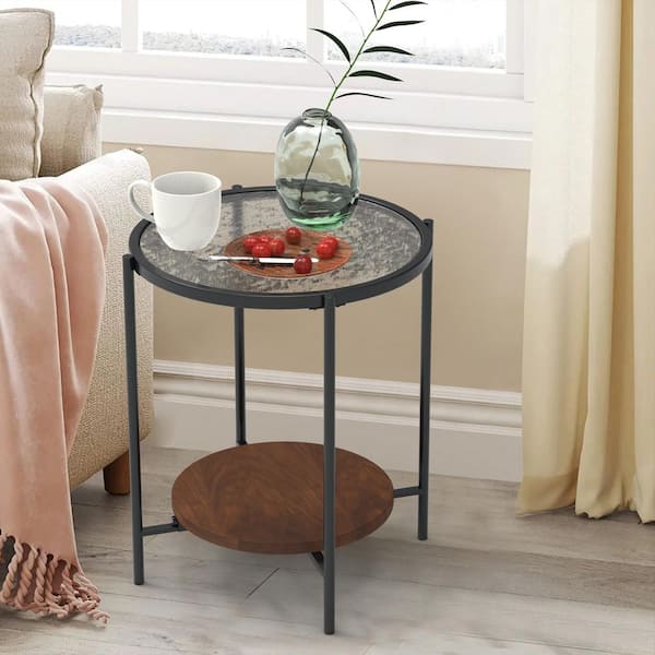 HAWOO 17 in. Reddish Brown Walnut Wood Round Glass End Table with Metal ...